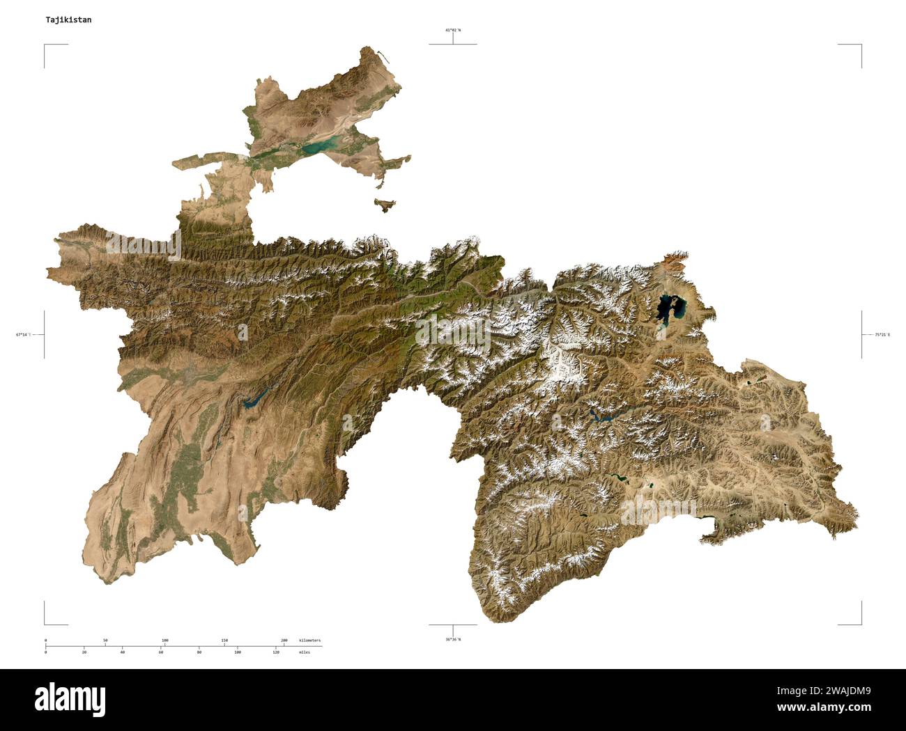Shape of a low resolution satellite map of the Tajikistan, with distance scale and map border ...