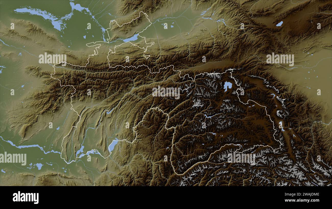 Tajikistan outlined on a Pale colored elevation map with lakes and ...