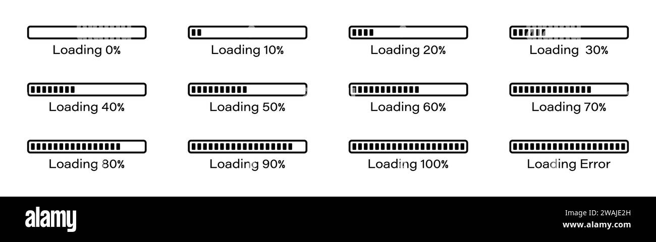 Percentage loading bar infographic icon set 0-100% in black colour. Rectangle bar percent ...