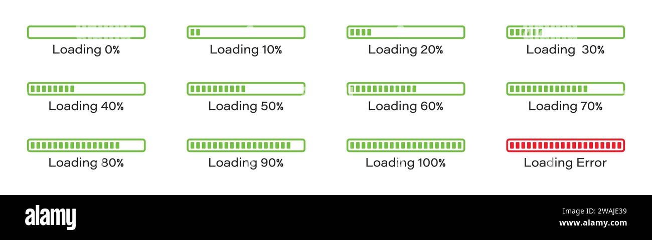 Percentage loading bar infographic icon set 0-100% in green colour. set ...