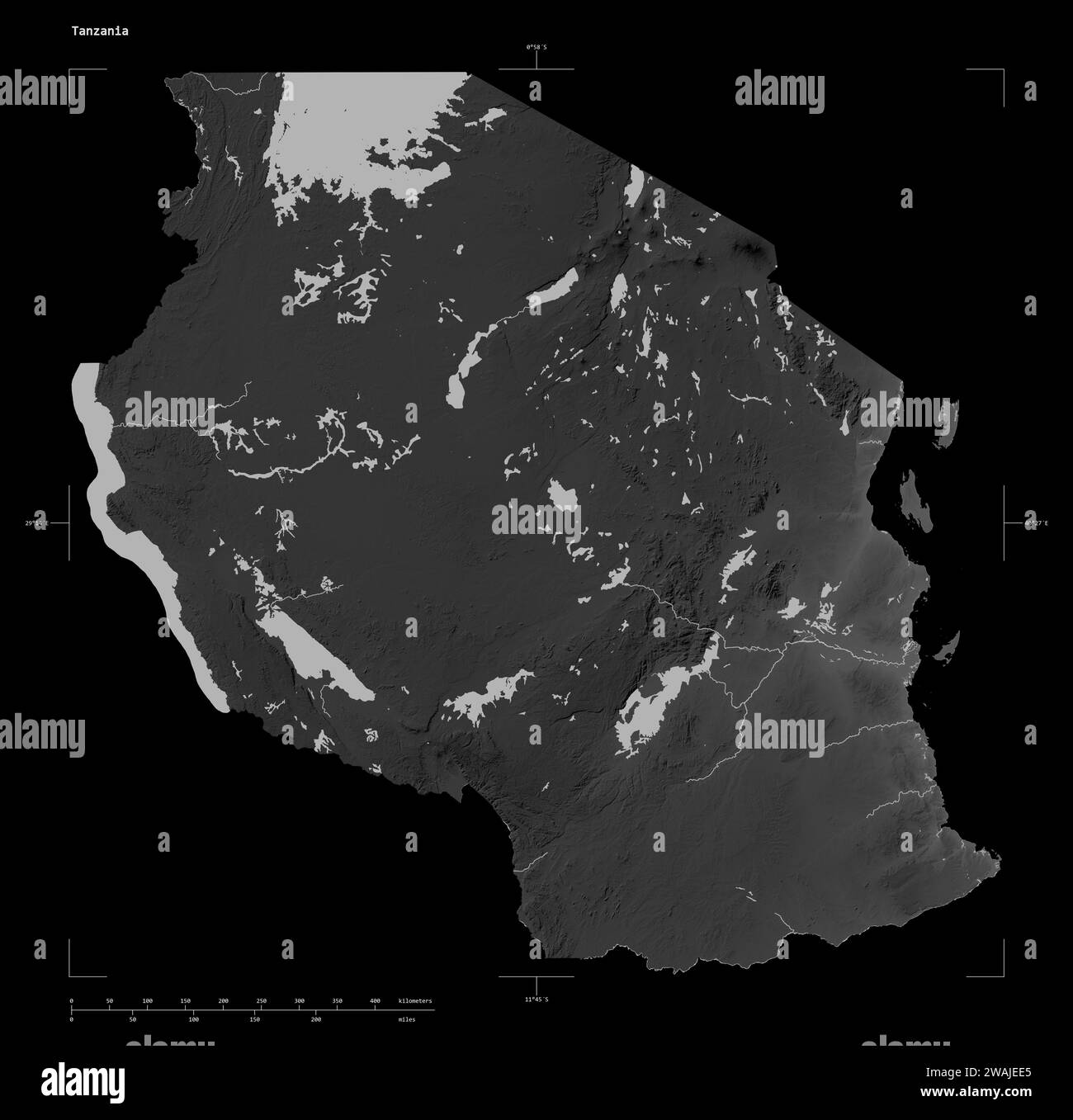 Shape of a Grayscale elevation map with lakes and rivers of the ...