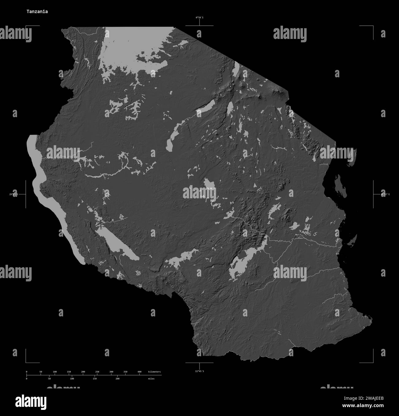 Shape of a Bilevel elevation map with lakes and rivers of the Tanzania ...