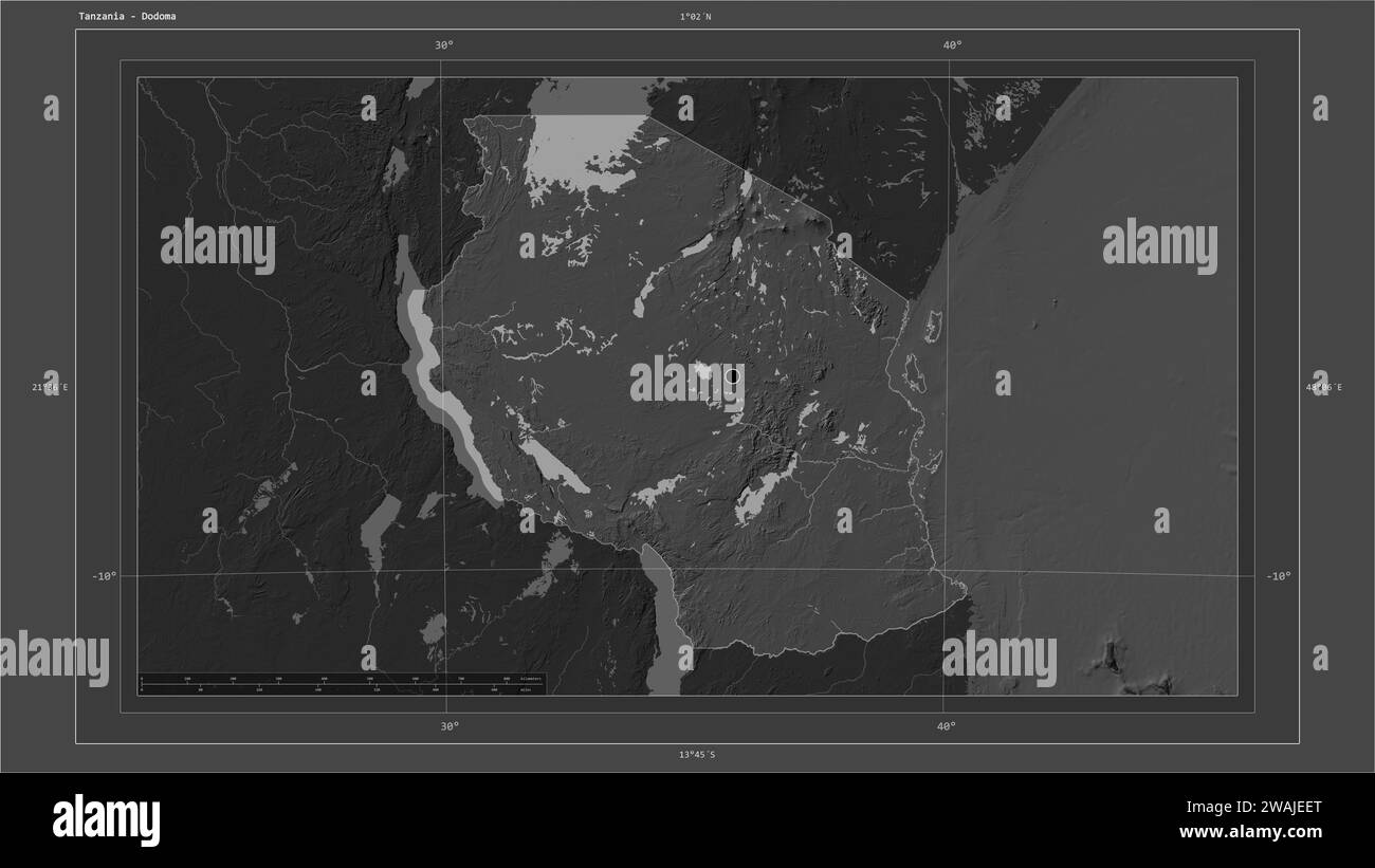 Tanzania highlighted on a Bilevel elevation map with lakes and rivers ...