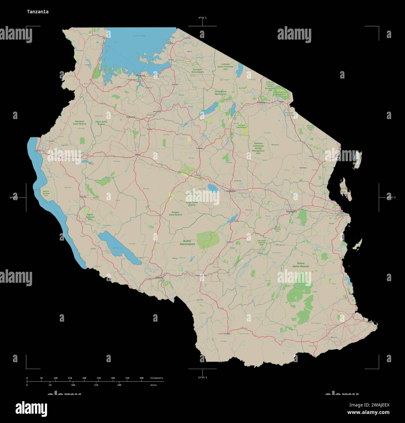 Shape of a topographic, OSM Germany style map of the Tanzania, with distance scale and map ...