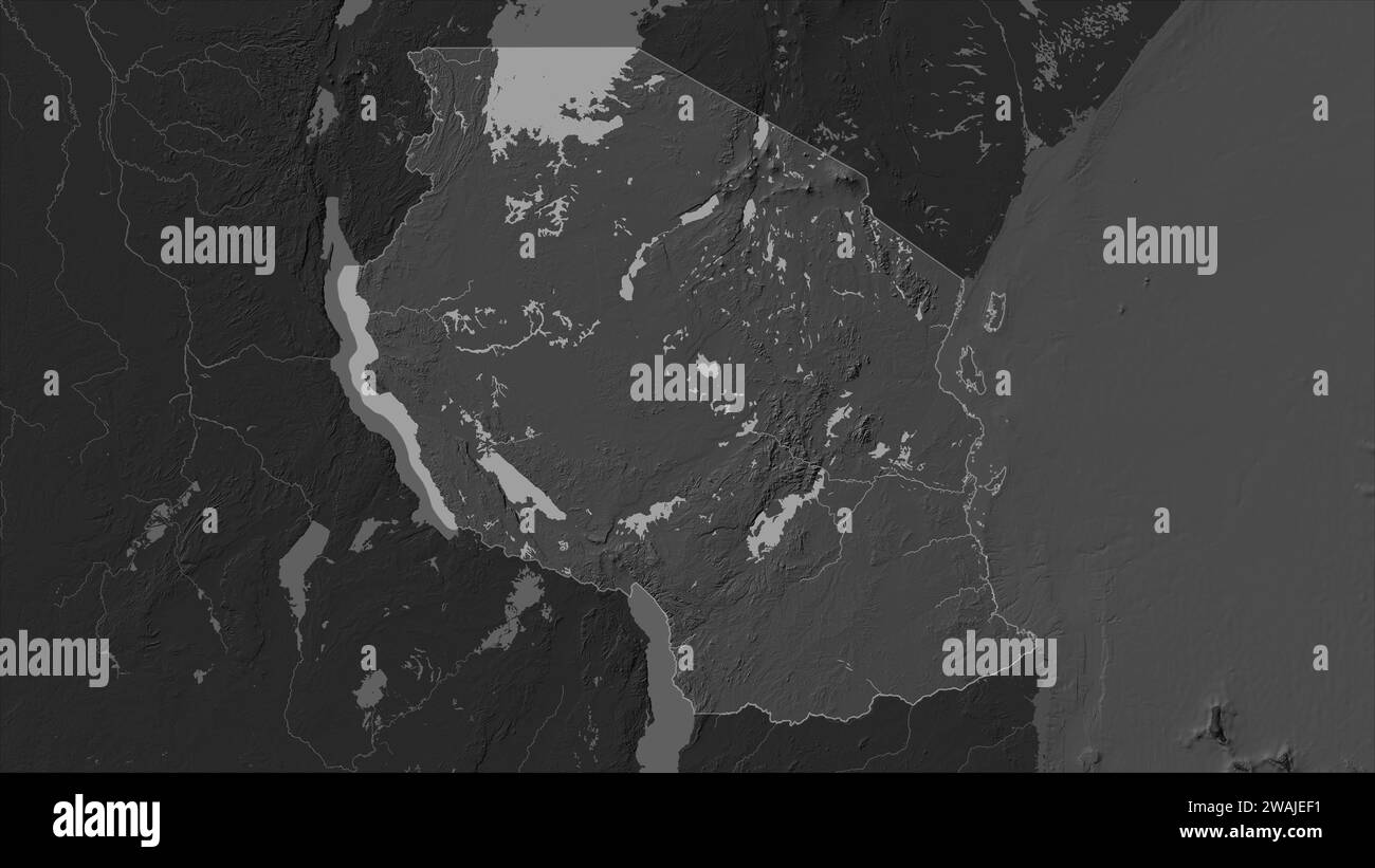 Tanzania highlighted on a Bilevel elevation map with lakes and rivers ...