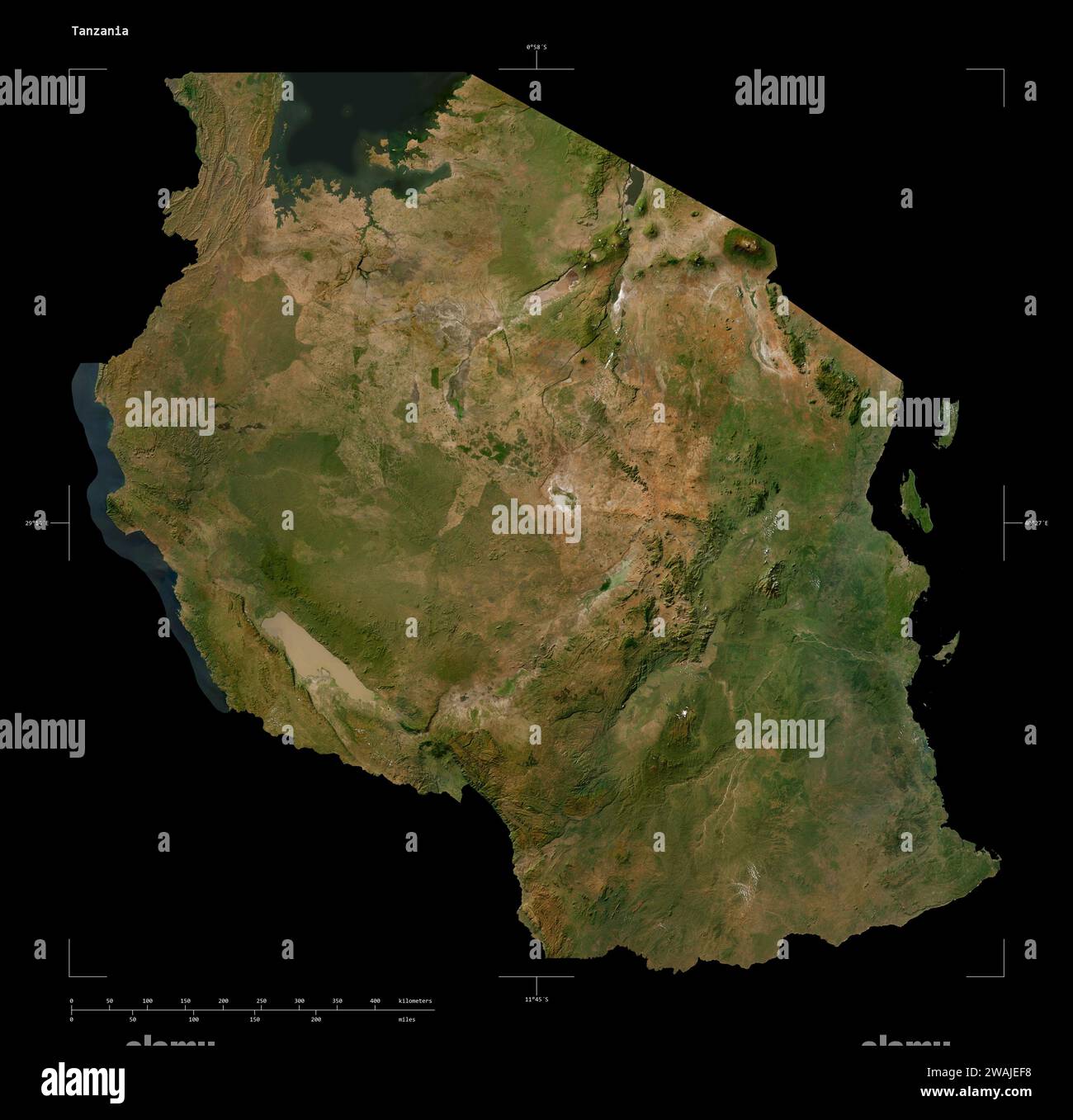 Shape of a low resolution satellite map of the Tanzania, with distance ...