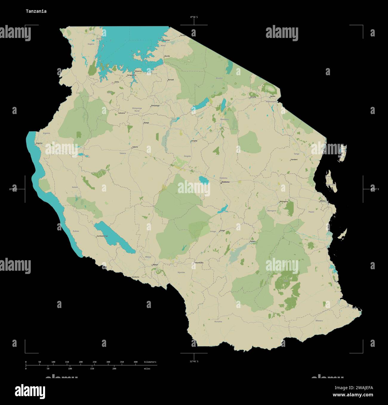Shape of a topographic, OSM Humanitarian style map of the Tanzania ...