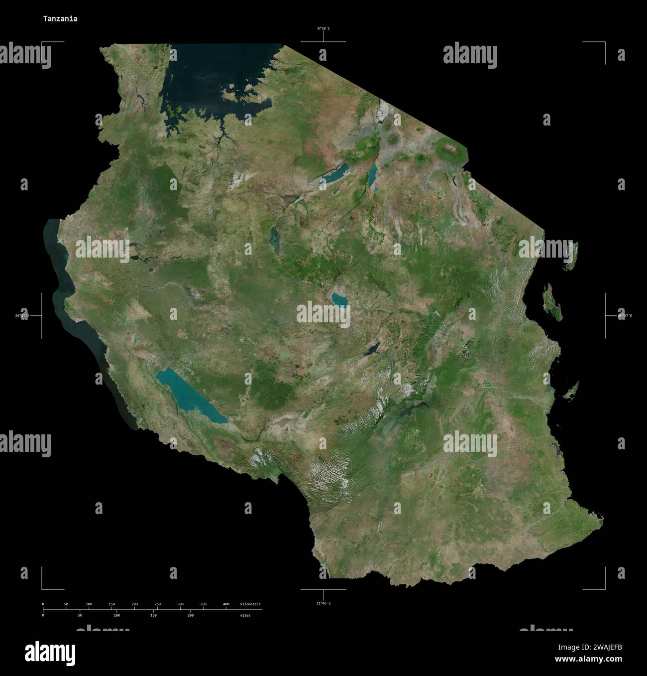 Shape of a high resolution satellite map of the Tanzania, with distance ...