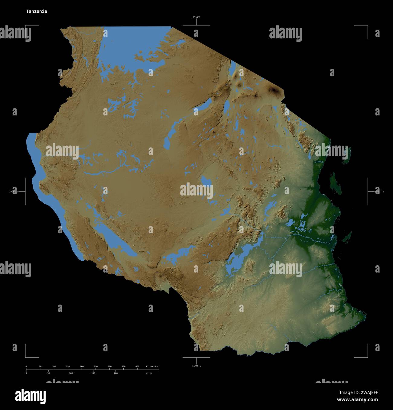 Shape of a Colored elevation map with lakes and rivers of the Tanzania ...