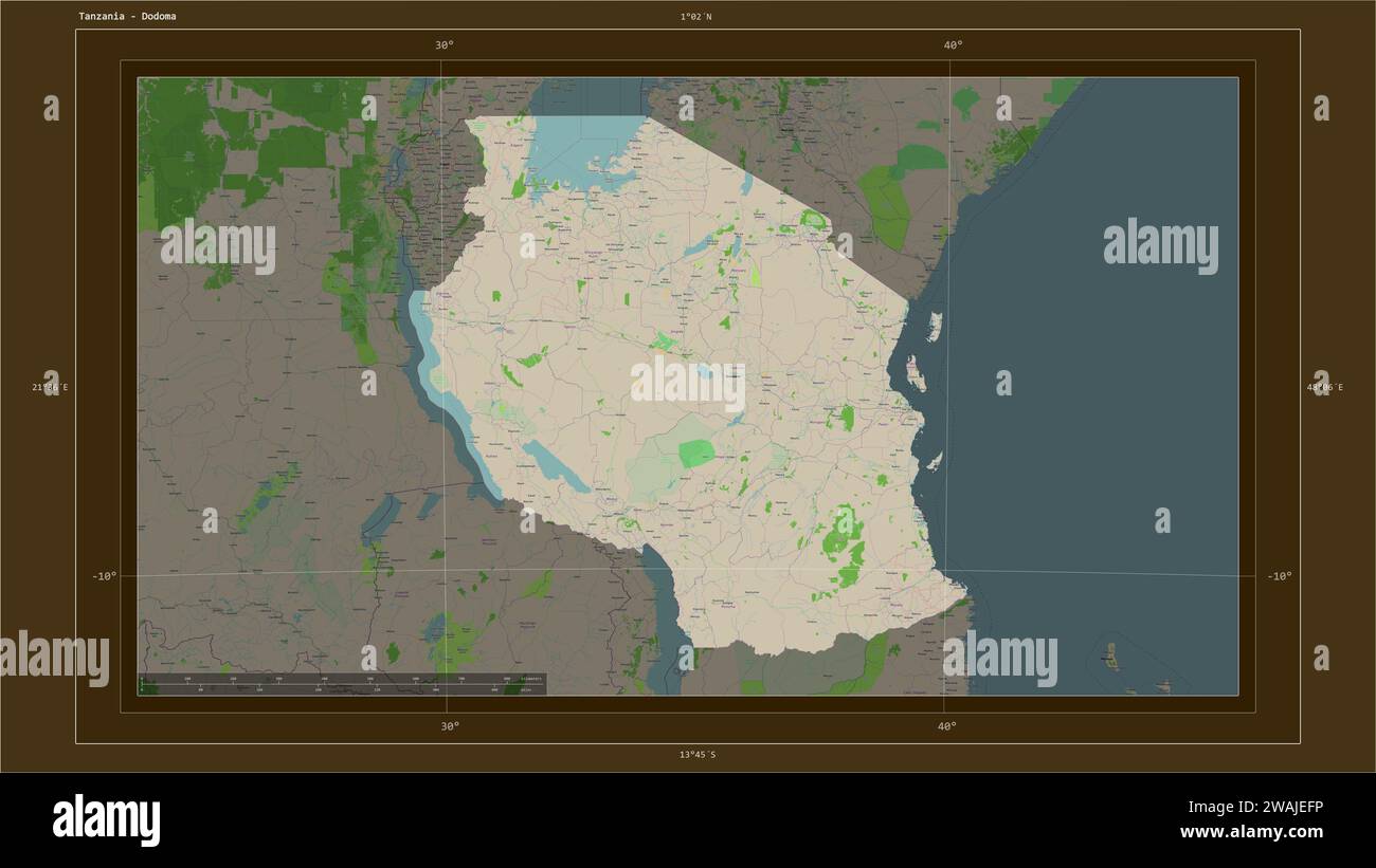 Tanzania highlighted on a topographic, OSM France style map map with ...