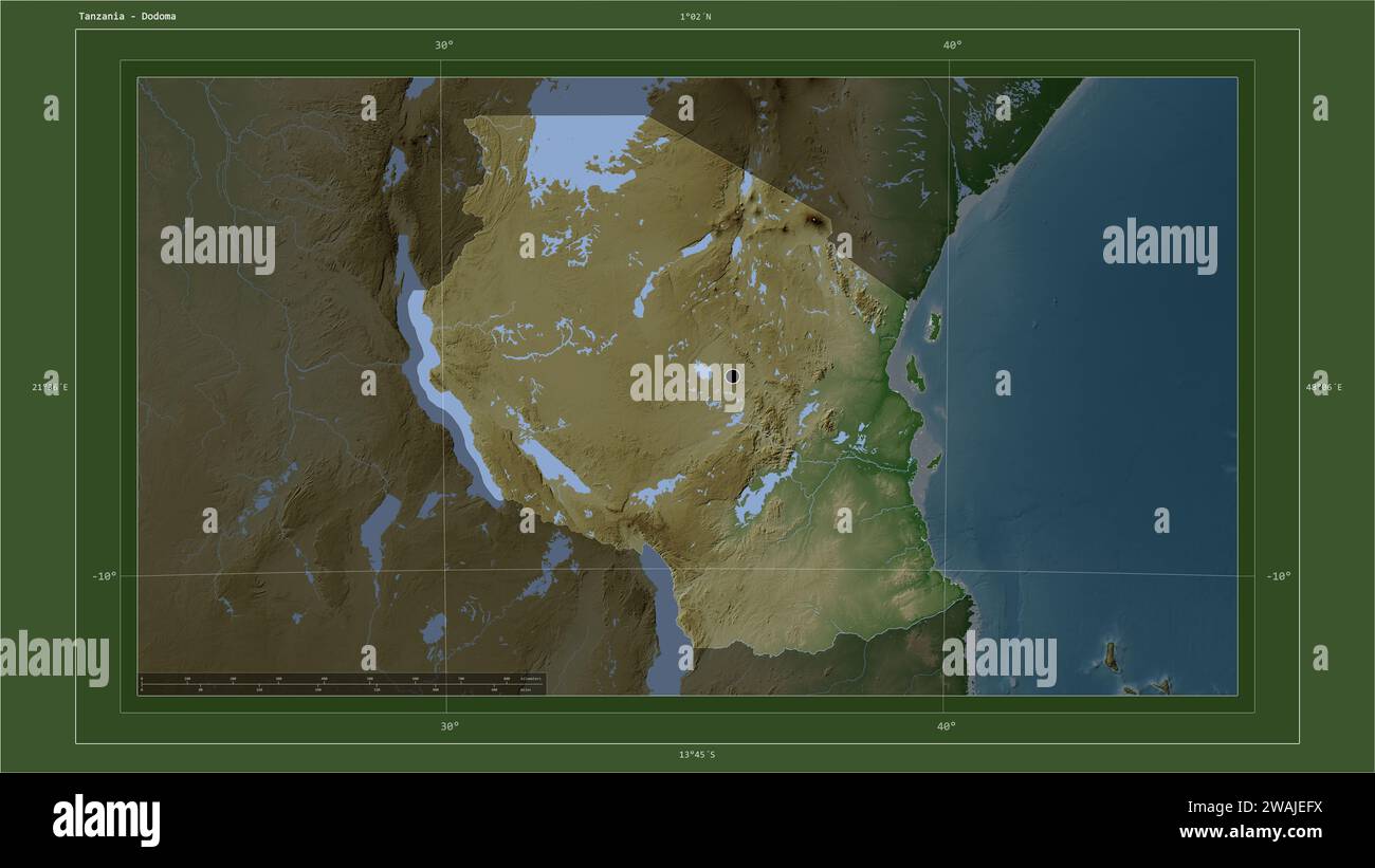 Tanzania highlighted on a Pale colored elevation map with lakes and ...