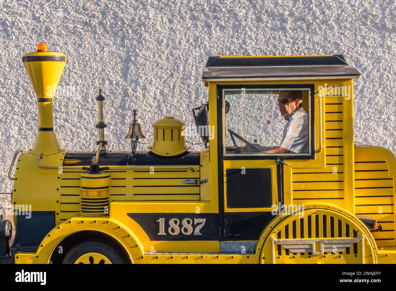 Yellow tourist train in Puerto de la Cruz on Tenerife, Spain Stock ...