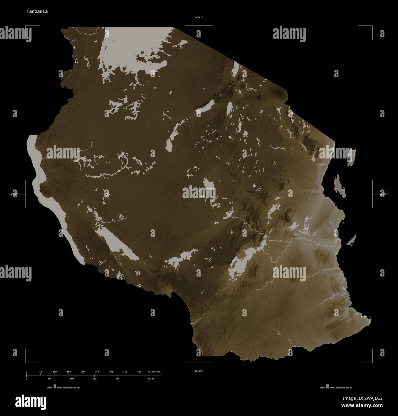 Shape of a elevation map colored in sepia tones with lakes and rivers ...