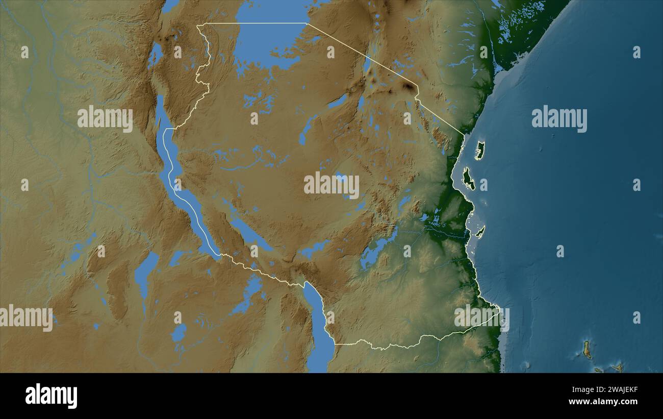 Tanzania outlined on a Colored elevation map with lakes and rivers ...