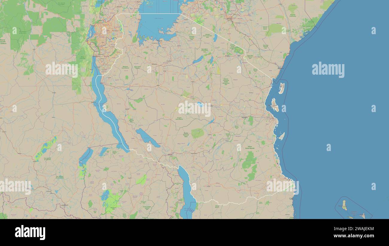 Tanzania outlined on a topographic, OSM standard style map Stock Photo ...