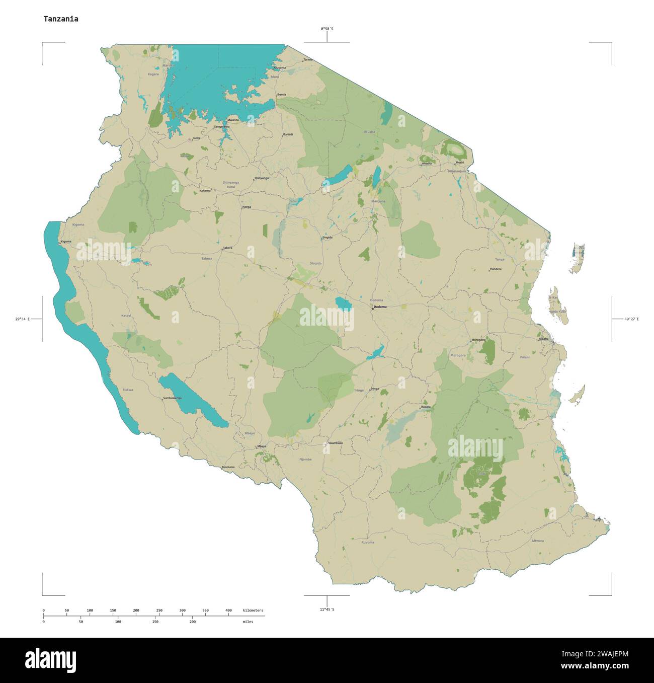 Shape of a topographic, OSM Humanitarian style map of the Tanzania ...