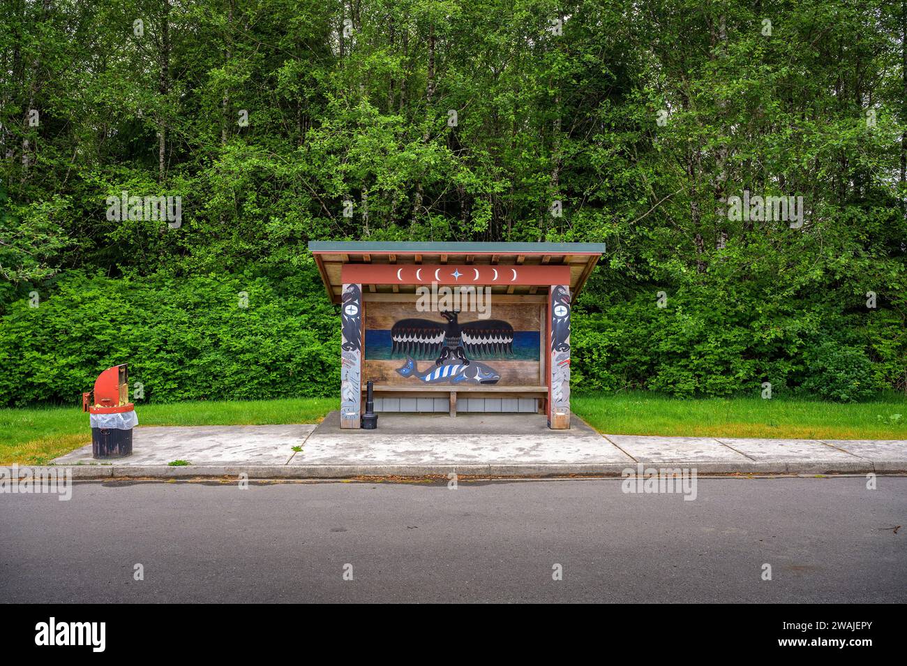 Bus stop with Quileute tribe mural in La Push, Washington Stock Photo ...