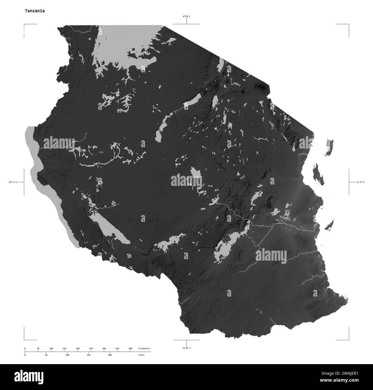 Shape of a Grayscale elevation map with lakes and rivers of the Tanzania, with distance scale ...