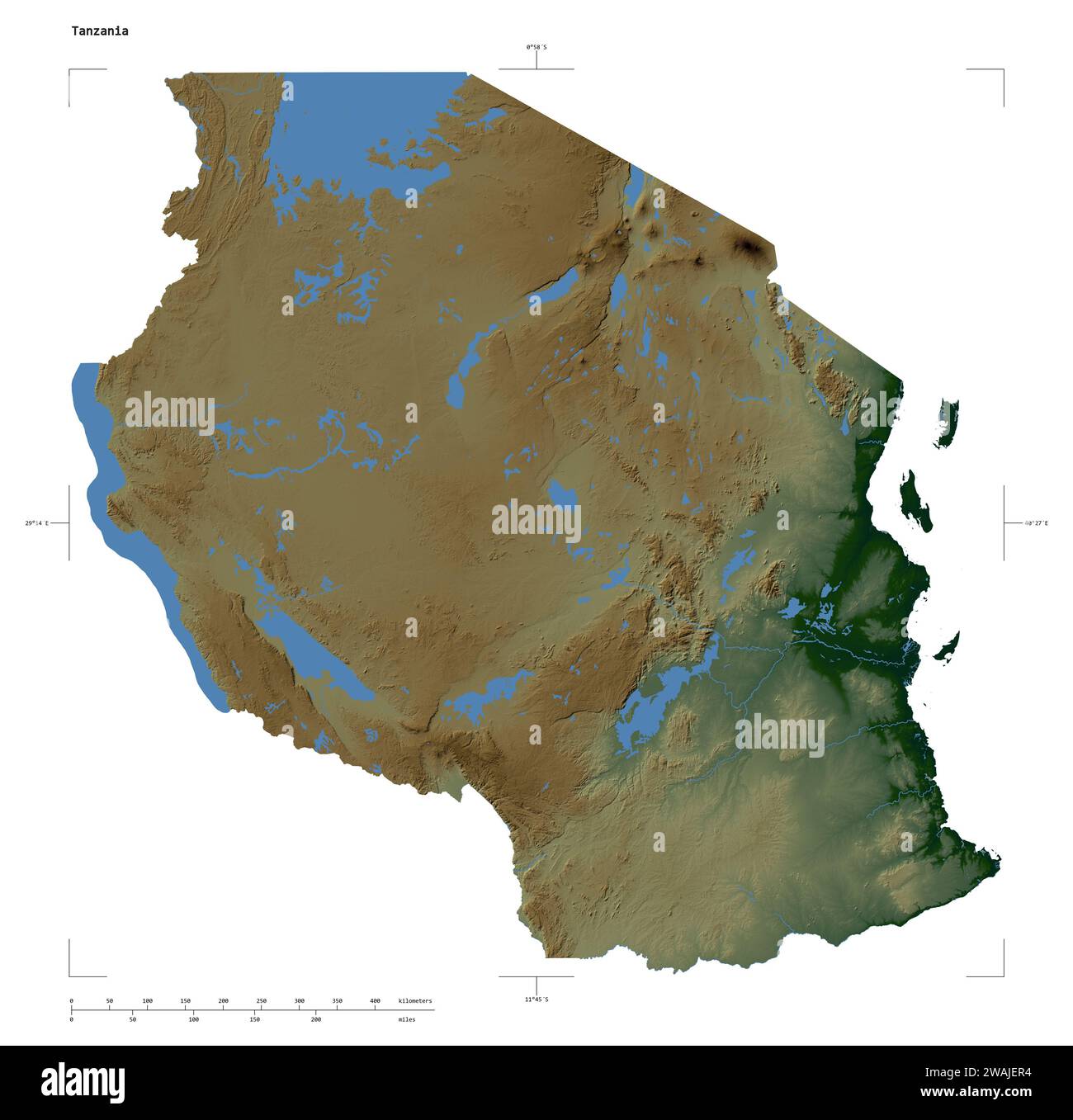Shape of a Colored elevation map with lakes and rivers of the Tanzania, with distance scale and ...