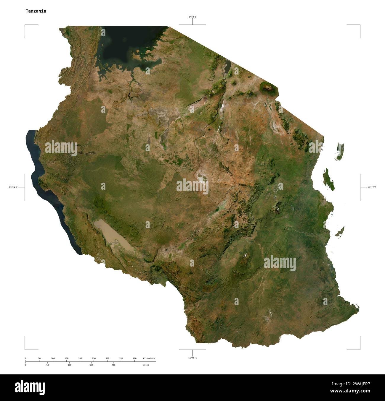 Shape of a low resolution satellite map of the Tanzania, with distance ...