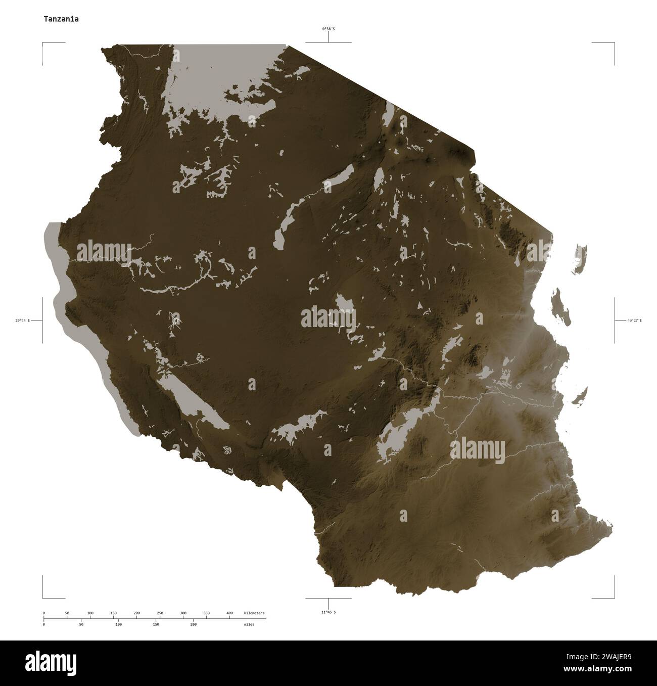 Shape of a elevation map colored in sepia tones with lakes and rivers ...