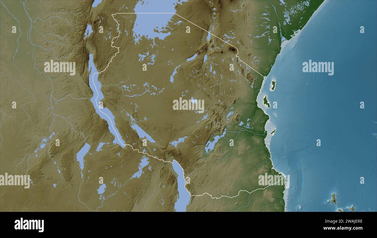 Tanzania outlined on a Pale colored elevation map with lakes and rivers ...