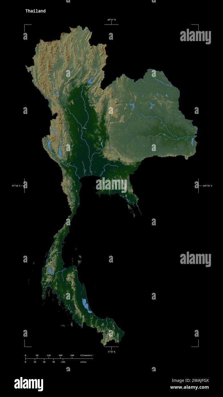 Shape of a Colored elevation map with lakes and rivers of the Thailand ...