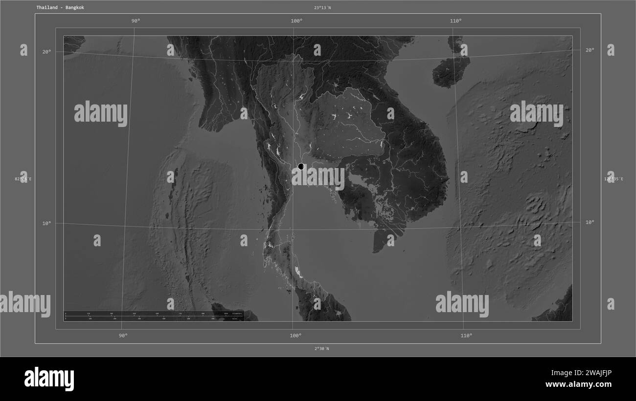 Thailand highlighted on a Grayscale elevation map with lakes and rivers ...