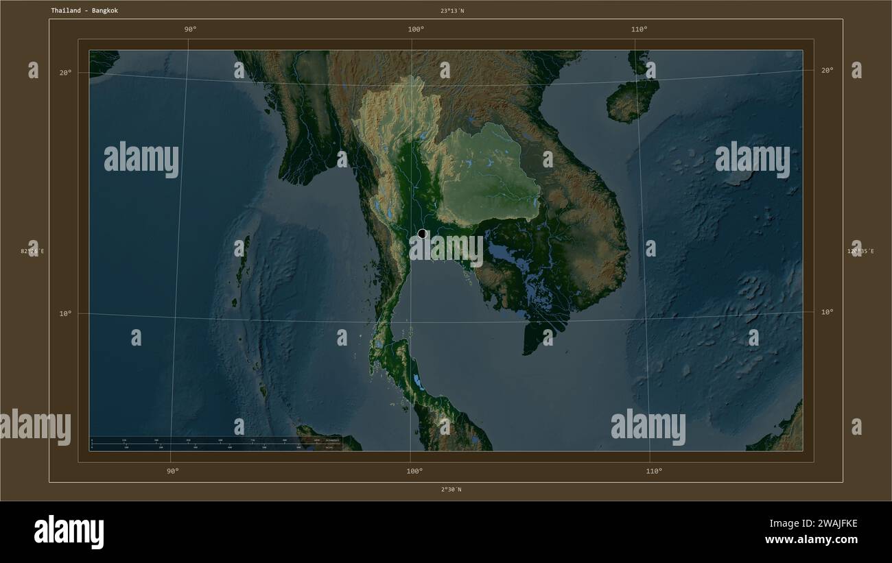 Thailand highlighted on a Colored elevation map with lakes and rivers ...