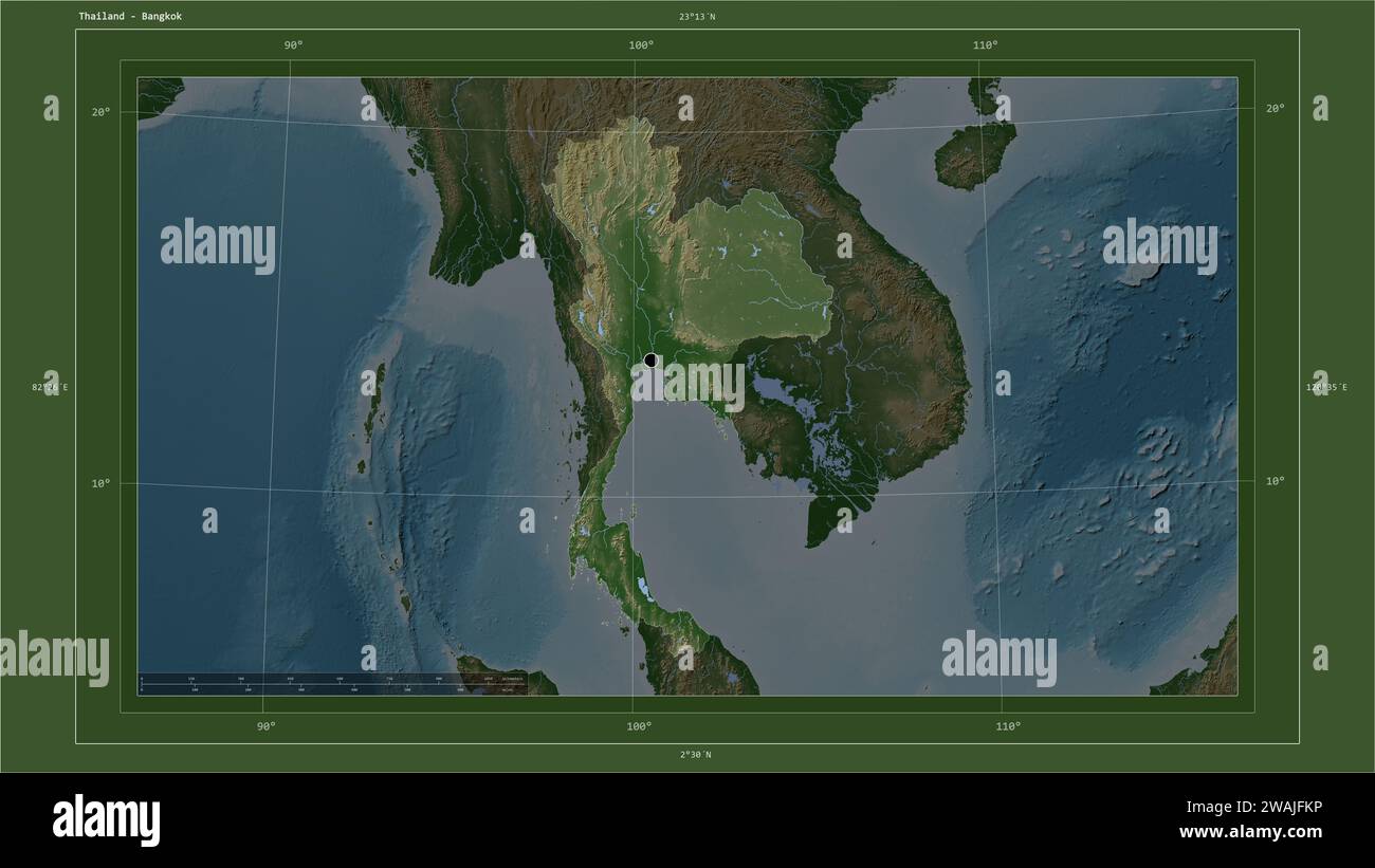 Thailand highlighted on a Pale colored elevation map with lakes and ...