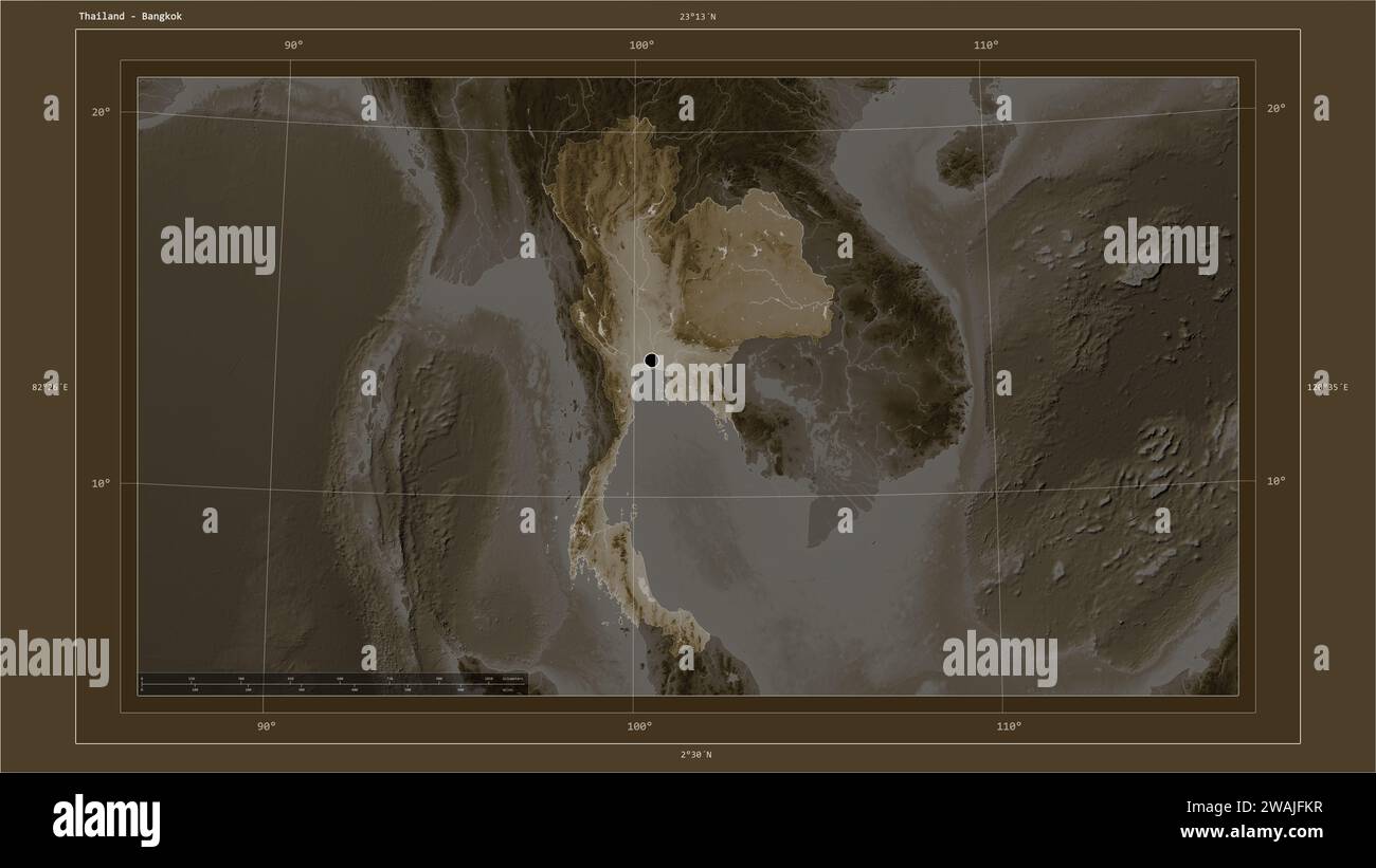 Thailand highlighted on a elevation map colored in sepia tones with ...