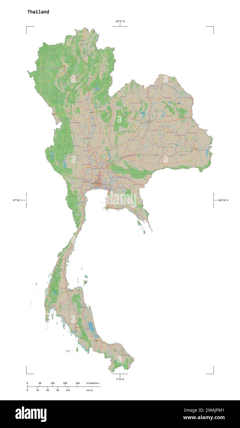 Shape of a topographic, OSM standard style map of the Thailand, with distance scale and map ...