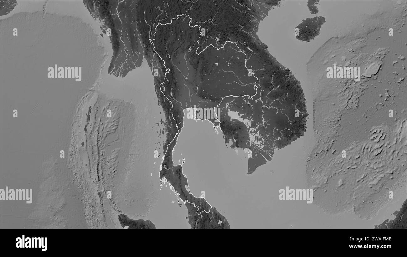 Thailand outlined on a Grayscale elevation map with lakes and rivers ...