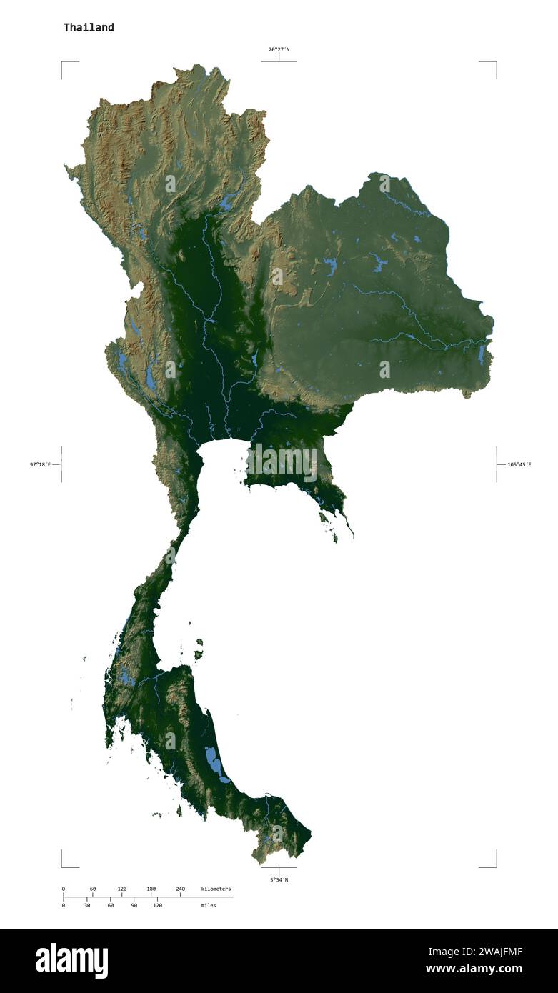 Shape of a Colored elevation map with lakes and rivers of the Thailand, with distance scale and ...