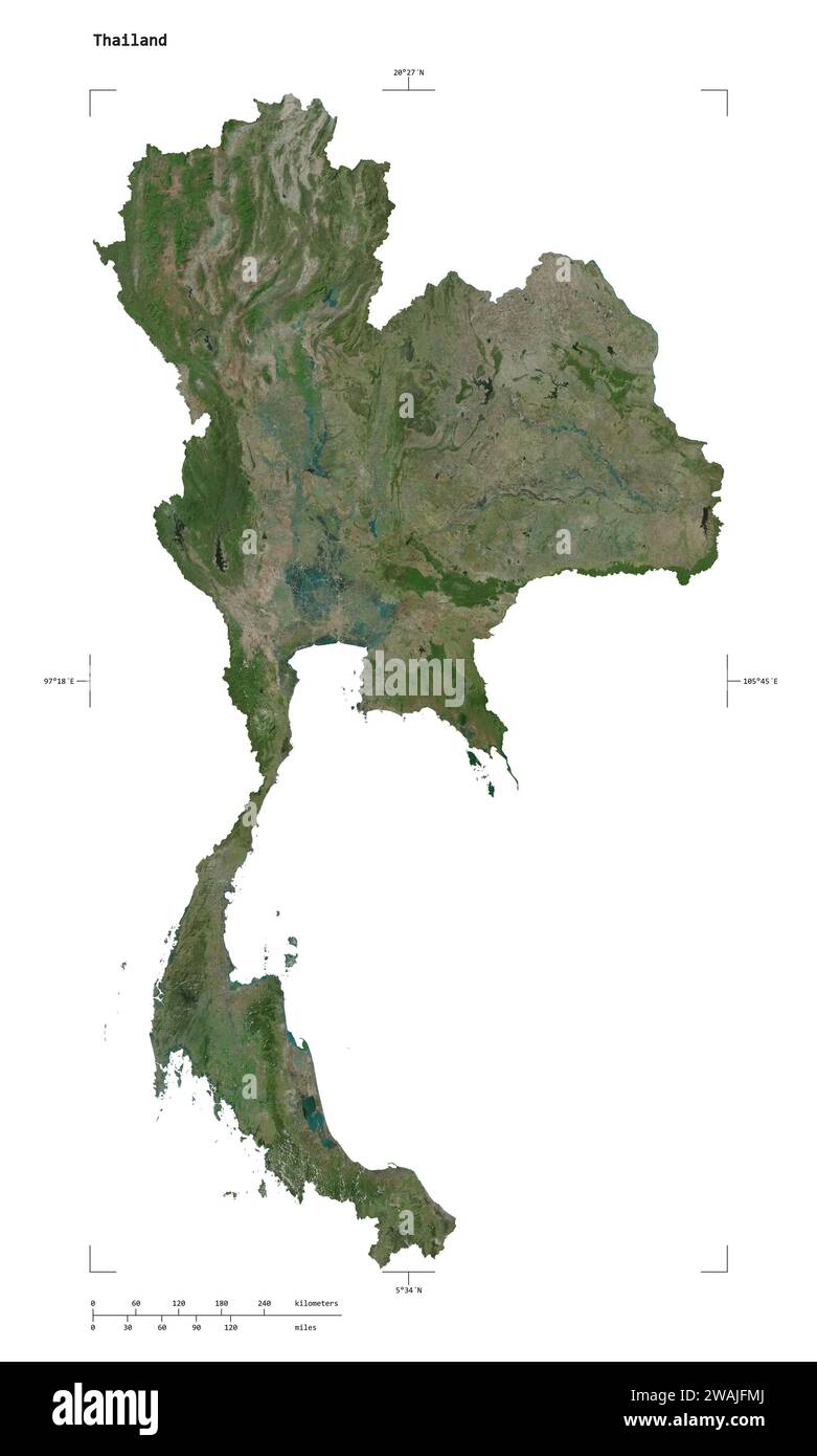 Shape of a high resolution satellite map of the Thailand, with distance ...