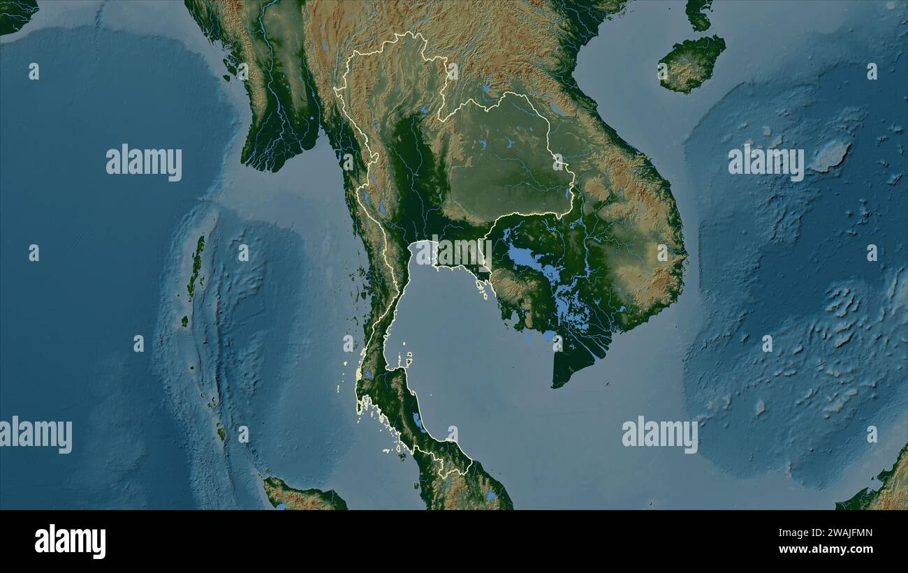 Thailand outlined on a Colored elevation map with lakes and rivers ...