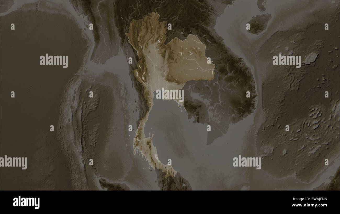 Thailand highlighted on a elevation map colored in sepia tones with ...