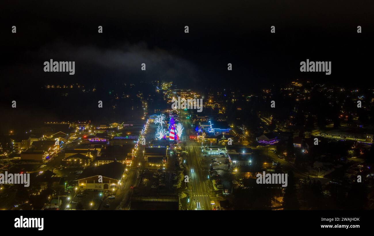 Aerial view of the Christmas lights of Leavenworth, Washington ...
