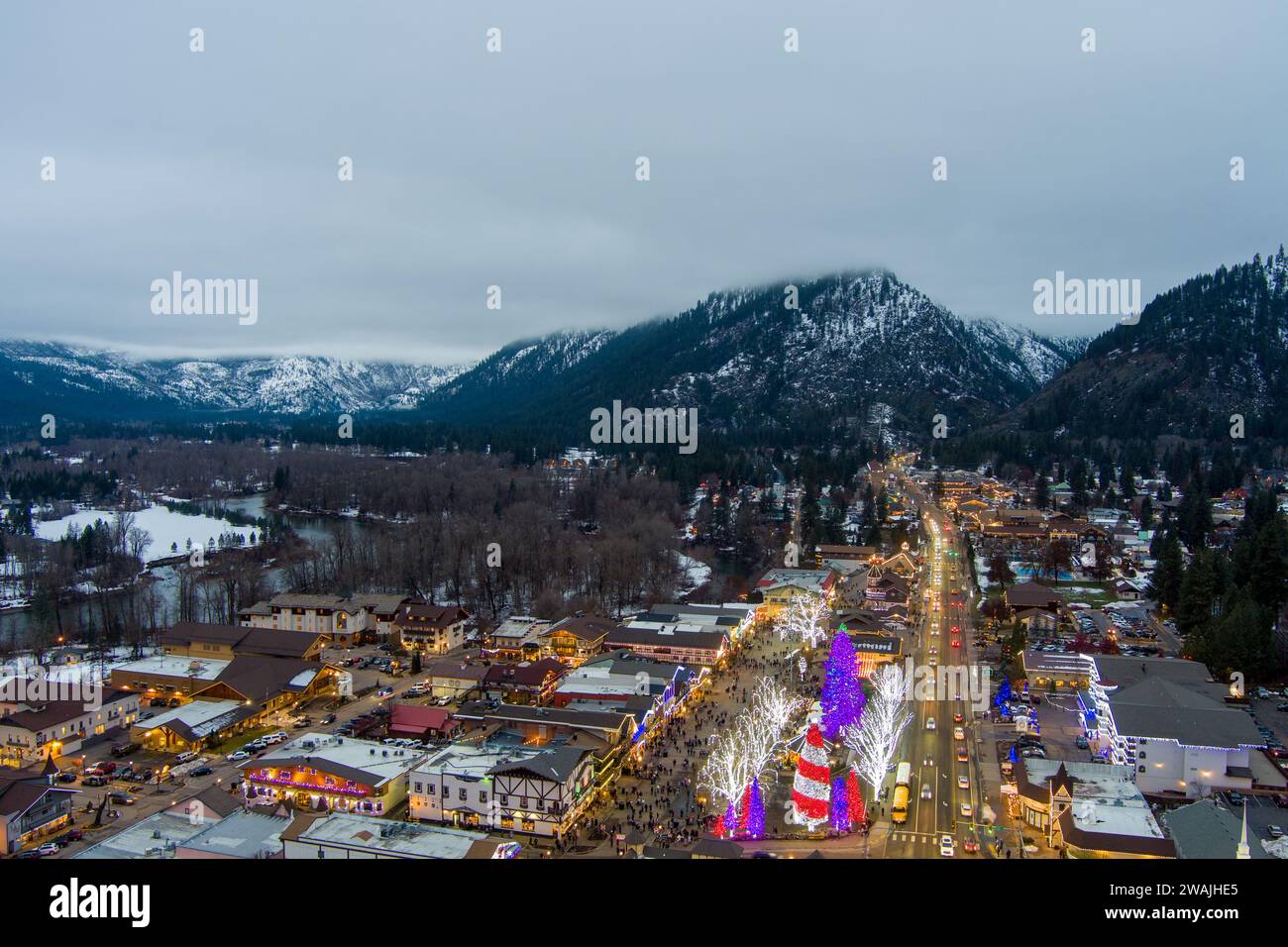 Aerial view of Leavenworth, Washington at dusk in December Stock Photo ...
