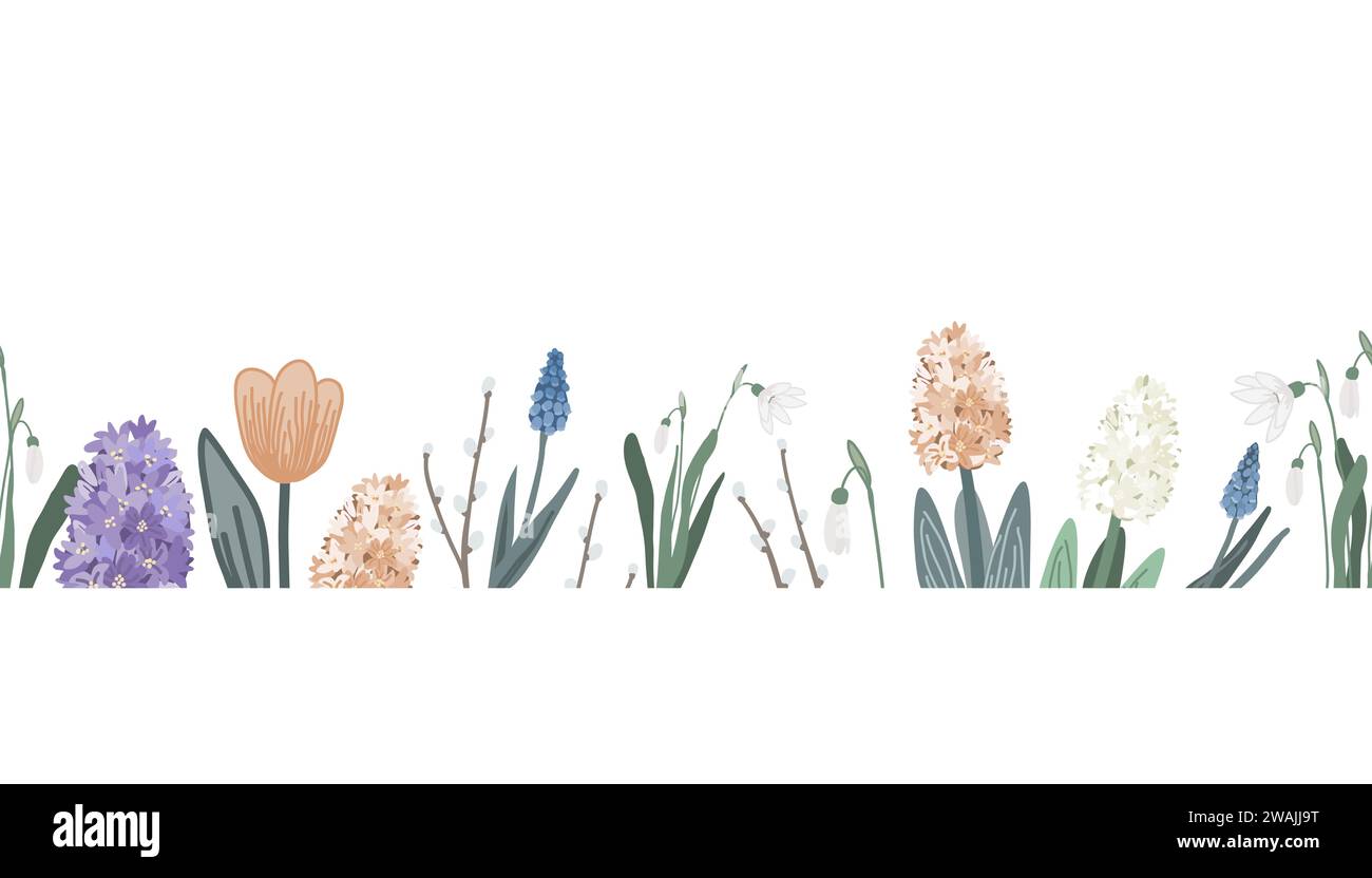 Spring seamless border with various spring flowers. Floral background ...