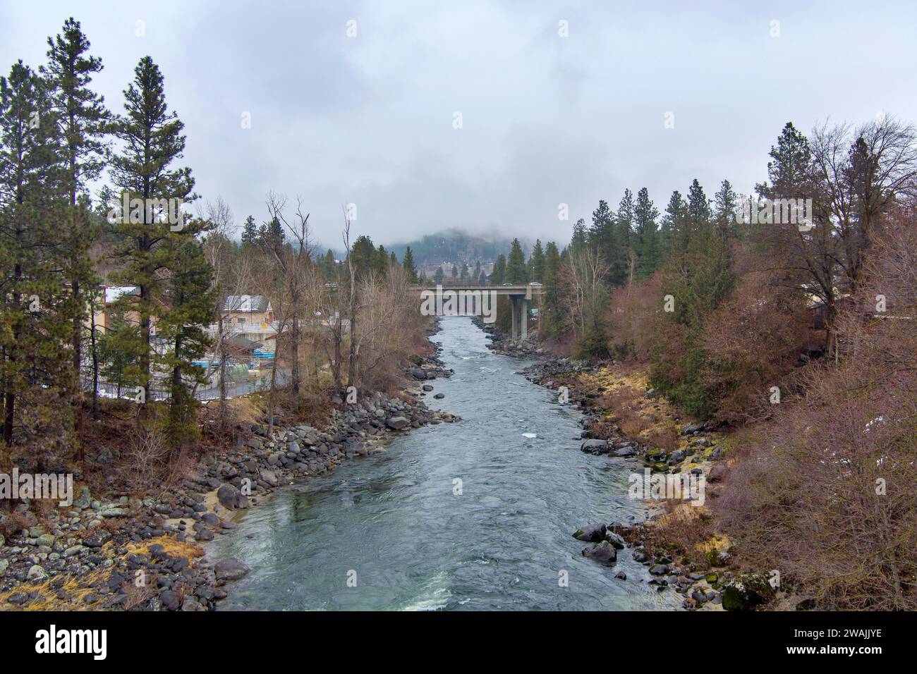 Aerial view of the Wenatchee River at Leavenworth, Washington in ...