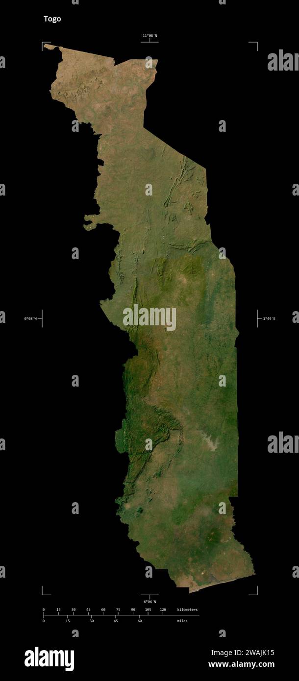 Shape of a low resolution satellite map of the Togo, with distance ...
