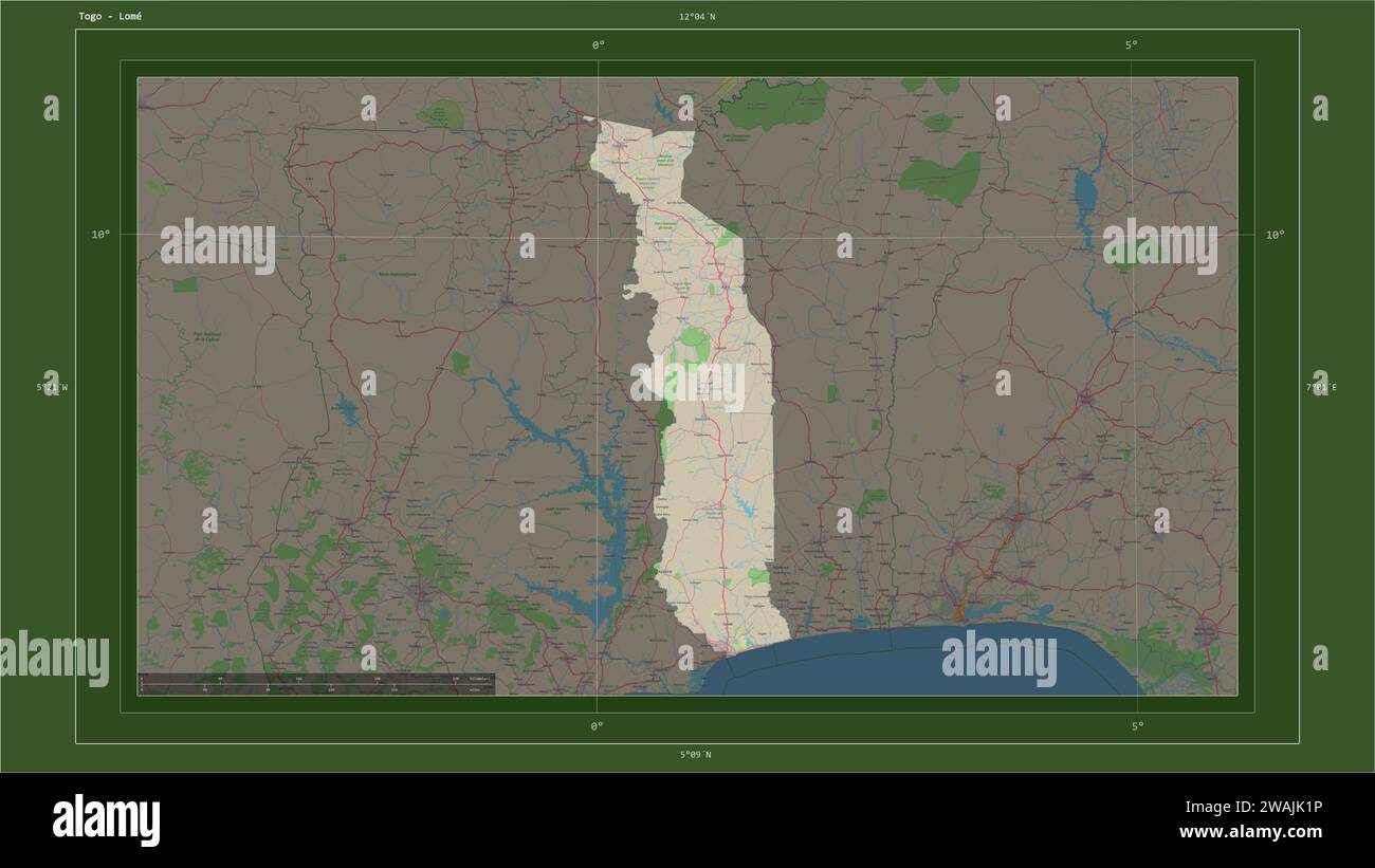Togo highlighted on a topographic, OSM Germany style map map with the ...