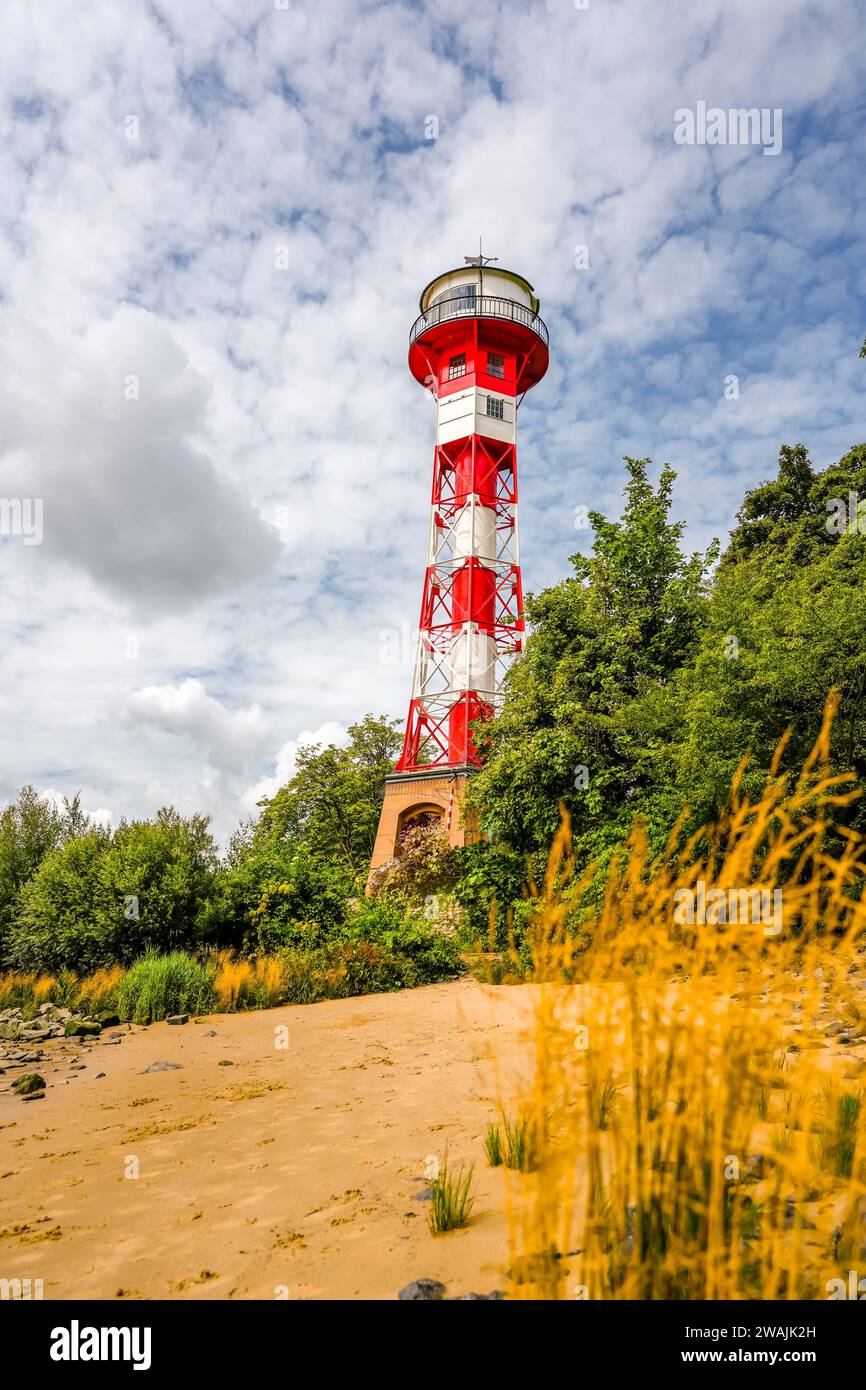 Wittenbergen lighthouse on the Rissener Ufer near Hamburg. Historic ...