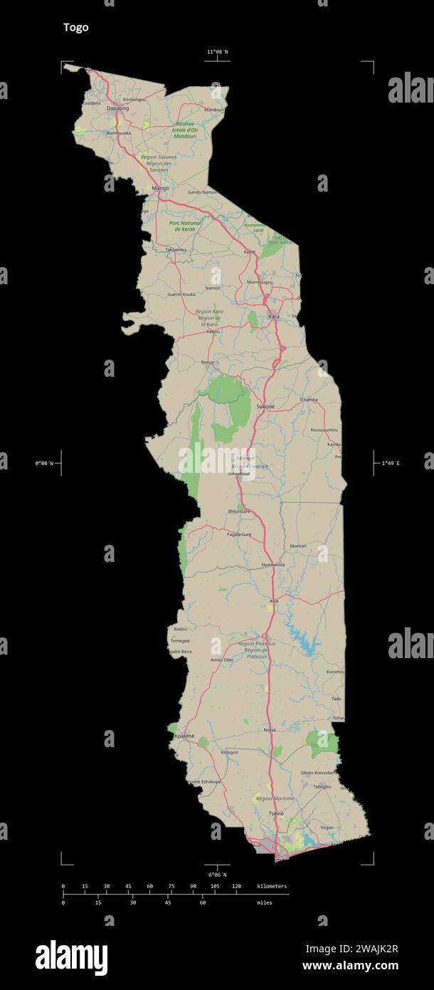 Shape of a topographic, OSM Germany style map of the Togo, with distance scale and map border ...