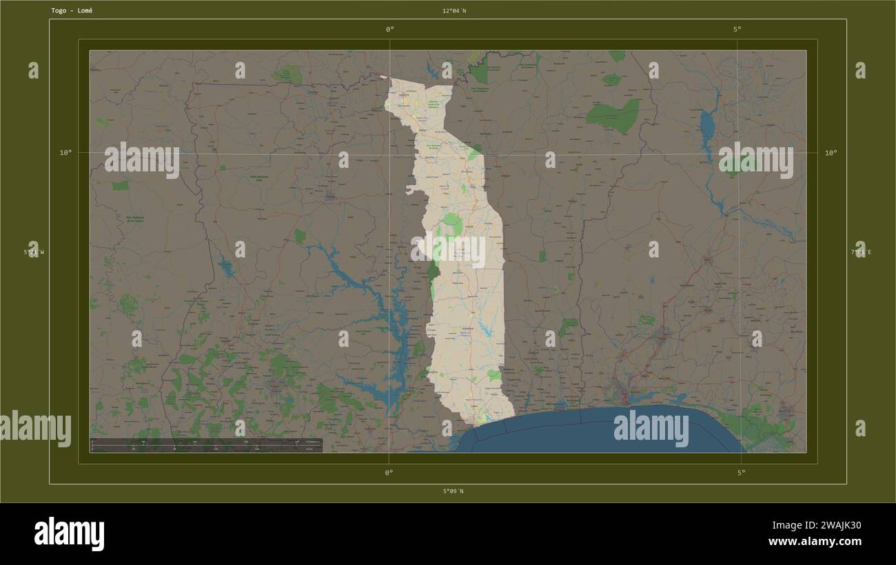 Togo highlighted on a topographic, OSM standard style map map with the ...