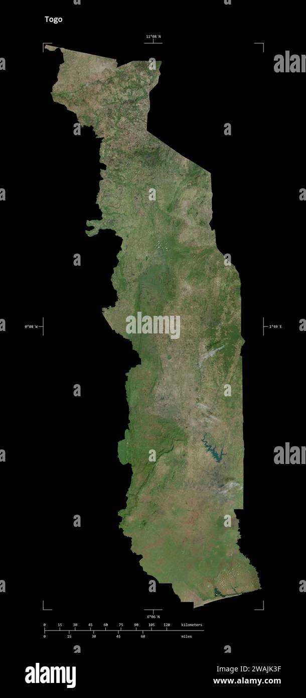 Shape of a high resolution satellite map of the Togo, with distance ...