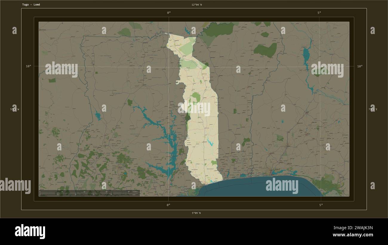 Togo highlighted on a topographic, OSM Humanitarian style map map with ...