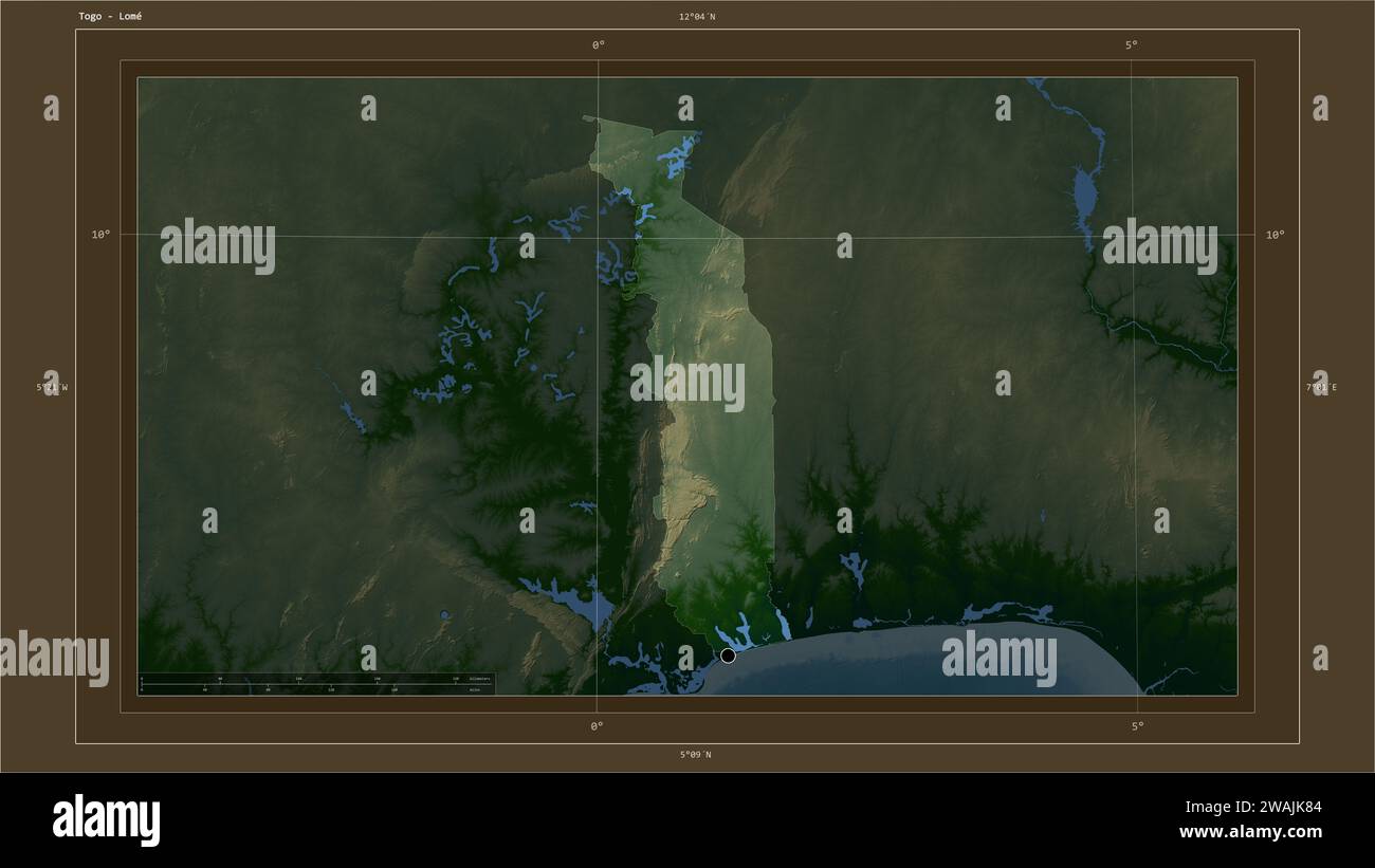 Togo highlighted on a Colored elevation map with lakes and rivers map ...