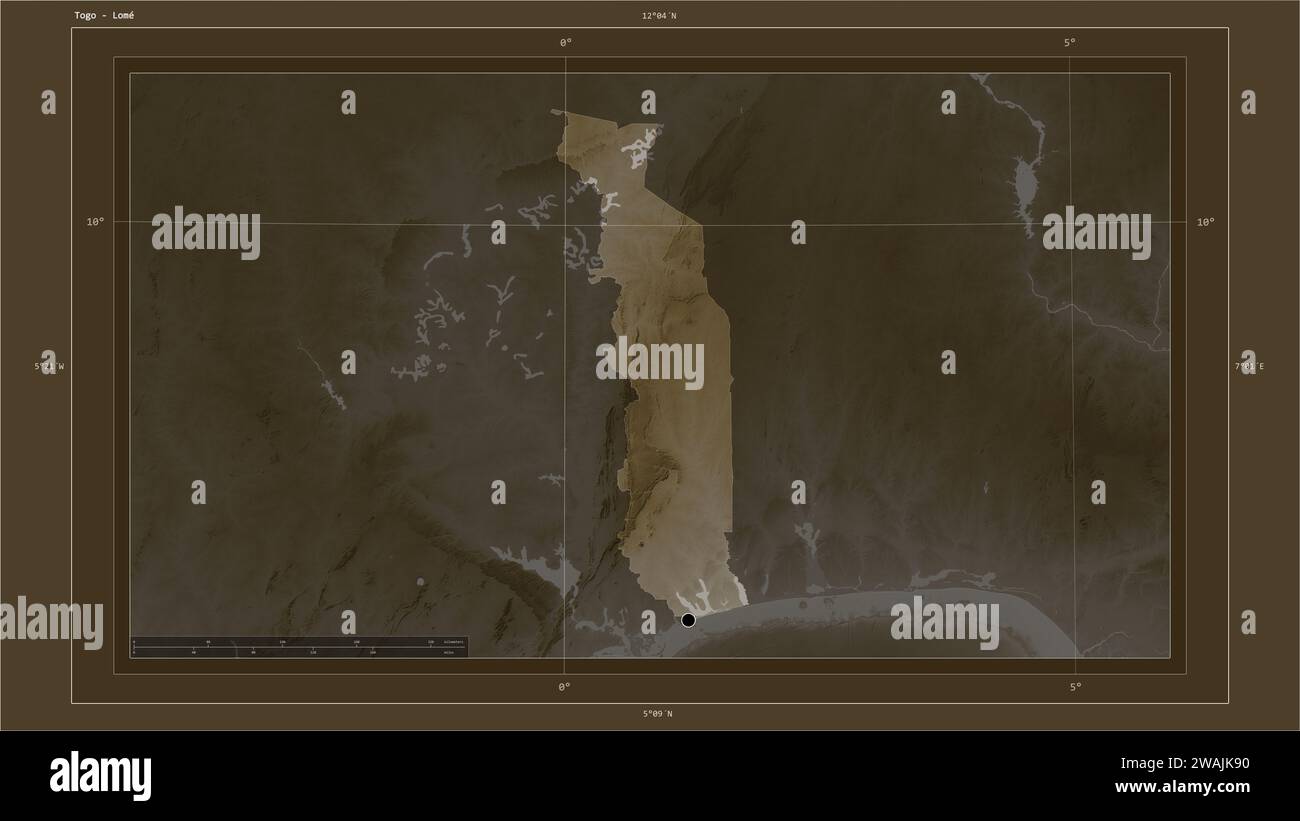 Togo highlighted on a elevation map colored in sepia tones with lakes ...